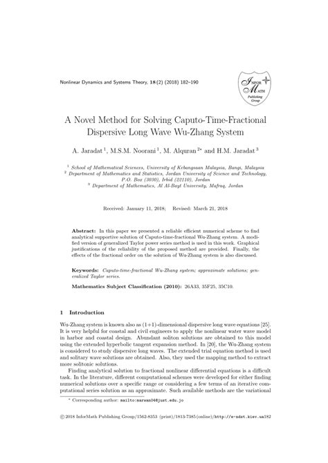 Pdf A Novel Method For Solving Caputo Time Fractional Dispersive Long