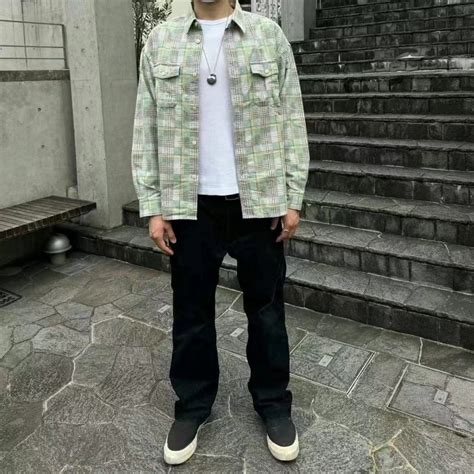 复古美国工装大牌，纯棉绿色格子人字纹长袖衬衫，原包装上身即复古大片！🌿 衬衫 淘宝百科网