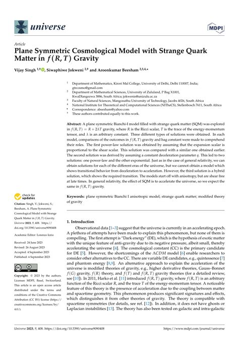 Pdf Plane Symmetric Cosmological Model With Strange Quark Matter In Frt Gravity
