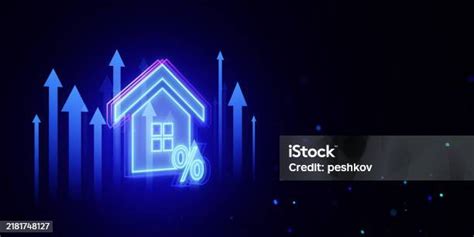 어두운 배경에 퍼센트 기호와 위쪽 화살표가 있는 집 아이콘입니다 3d 렌더링 0명에 대한 스톡 사진 및 기타 이미지 0명 3차원 형태 개념 Istock