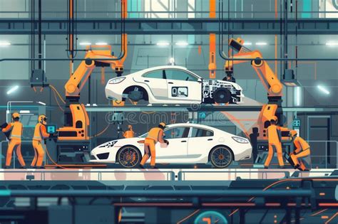 A Dynamic Illustration Depicting An Automotive Assembly Line With