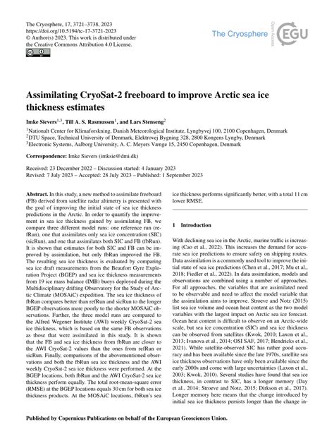 Pdf Assimilating Cryosat 2 Freeboard To Improve Arctic Sea Ice Thickness Estimates