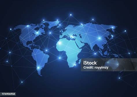 글로벌 네트워크 연결 글로벌 비즈니스의 세계지도 지점 및 라인 구성 개념 벡터 일러스트레이션 3차원 형태에 대한 스톡 벡터 아트 및 기타 이미지 Istock