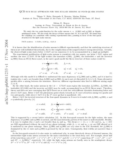 Pdf Qcd Sum Rule Approach For The Light Scalar Mesons As Four Quark