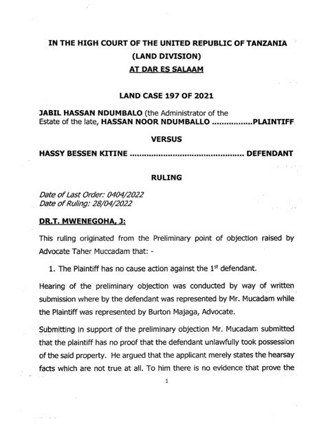 Jabil Hassan Ndumbalo Vs Hassy Bessen Kitine Land Case 197 Of 2021