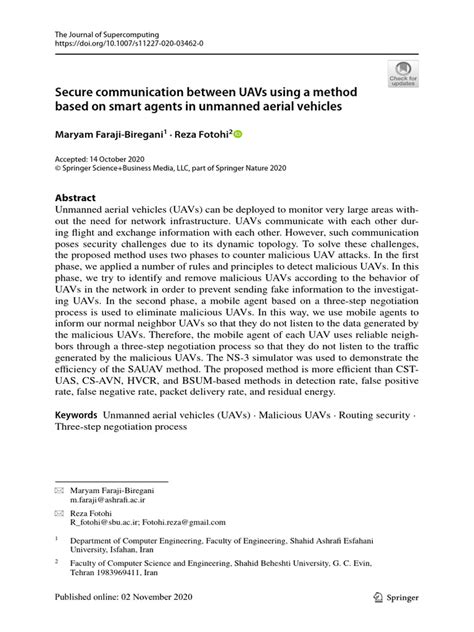 2020 Secure Communication Between Uavs Using A Method Based On Smart Agents In Unmanned Aerial