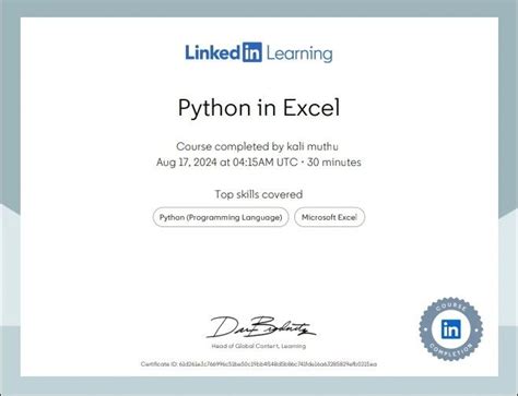 Thrilled To Share That Ive Completed The Python In Excel Certification This Journey Has