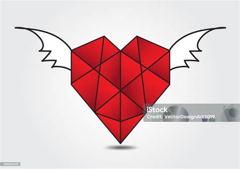 발렌타인 데이 웨딩 카드 티셔츠에 대한 레드 하트 다각형 및 날개 벡터 일러스트 레이션 손으로 그린 하트 로고 디자인 웹 아이콘 천사날개 T 셔츠에 대한 스톡 벡터 아트 및