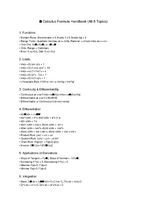 Calculus Formula Handbook Key Concepts And Formulas All Topics Studocu