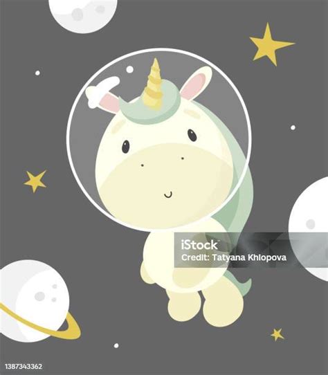 공간에 매직 유니콘 만화 스타일 벡터 그림입니다 어린이 물건 카드 포스터 배너 어린이 책 팩인쇄 옷 직물 벽지 섬유 또는 요리에 인쇄 우주 비행사에 대한 스톡 벡터 아트 및