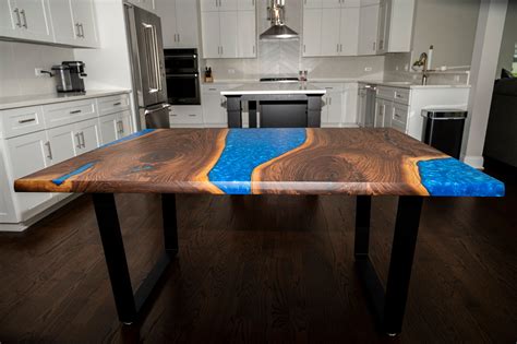 Live Edge Walnut And Epoxy Dining Table Gorgeous Table Black Powder Coated Steel Legs Included