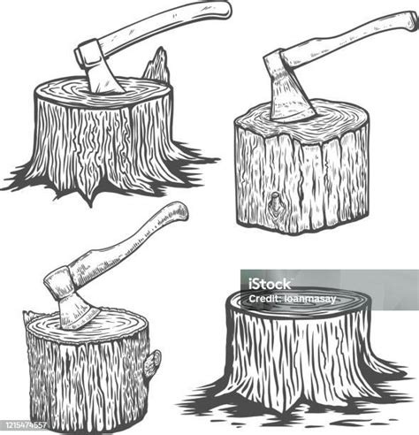 도끼로 나무 조각 조각 스타일의 나무 그루터기의 그림 엠블럼 기호 포스터 카드 배너 전단지에 대한 디자인 요소 벡터 일러스트레이션 그루터기 식물 부위에 대한 스톡 벡터 아트