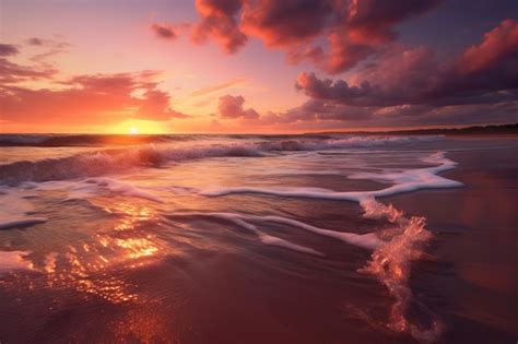 Premium Ai Image Serene Sunset On The Beach Mesmerizing Hues Generative Ai