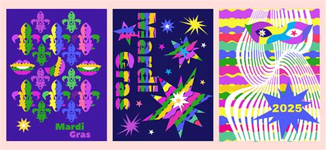 마디 그라 카니발 가장 무도회 다채로운 세트 카드 휴일 템플릿 디자인 마스크 색종이 풍선 화환 펑키 일러스트 벡터 카니발 배너 Mardi Gras에 대한 스톡 벡터 아트 및