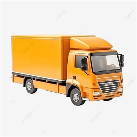 연단 상품 판지 상자 격리 서비스 운송 배송 개념 3d 렌더링 일러스트와 함께 3d 트럭 오렌지 배달 밴 지휘대 상자