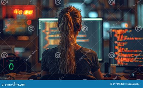Back View Of A Programmer Working With A Computer In The Office Ai Generated Stock Illustration