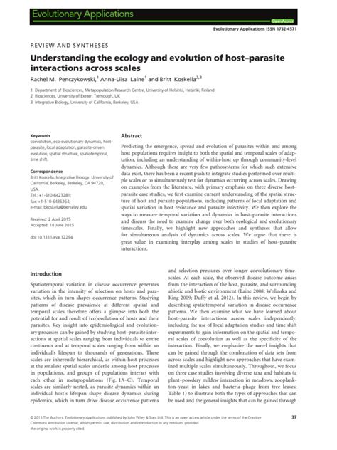 Evolutionary Applications Understanding The Ecology And Evolution Of Host Parasite Interactions