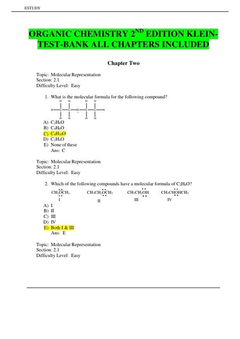 Organic Chemistry 2nd Edition Klein Test Bank All Chapters Included