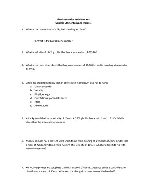 Physics Practice Problems Xvii General Momentum And Impulse Pdf
