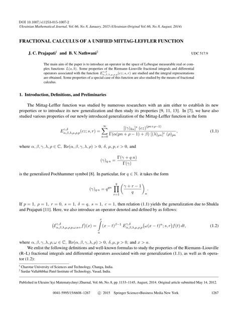 Pdf Fractional Calculus Of A Unified Mittag Leffler Function