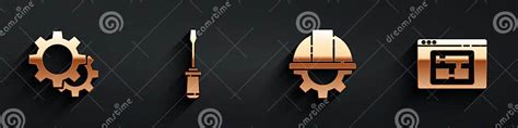 Set Gear Screwdriver Worker Safety Helmet And Gear And House Plan Icon With Long Shadow