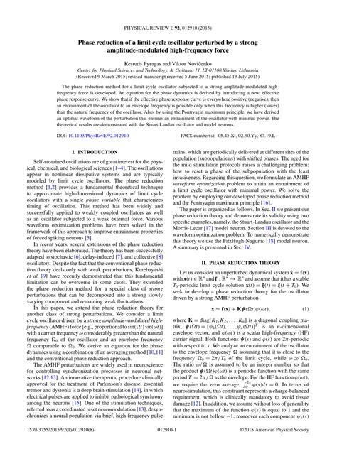 Pdf Phase Reduction Of A Limit Cycle Oscillator Perturbed By A Strong Amplitude Modulated High