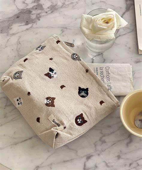 귀여운 코튼 리넨 고양이 자수 파우치