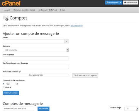 Interface De Contrôle Cpanel Web Serveur