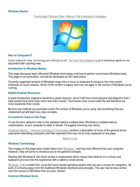 Terminology Mouse Clicks Menus File Extensions Hardware Windows Basics
