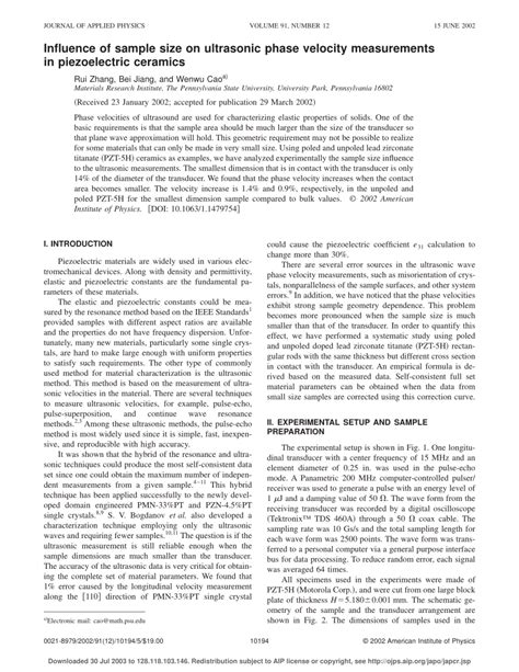 Pdf Influence Of Sample Size On Ultrasonic Phase Velocity Measurements In Piezoelectric Ceramics