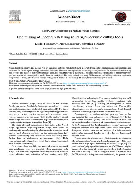 End Milling Of Inconel 718 Using Solid Si3n4 Ceramic Cutting Tools Pdf Machining Wear