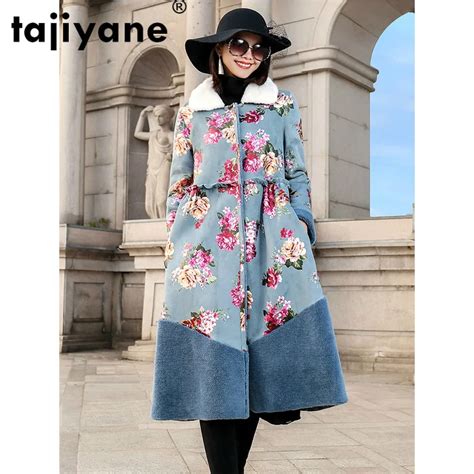 자연 100 겨울 모피 코트 여성 진짜 밍크 모피 칼라 재킷 여성 긴 양털 깎기 코트 빈티지 프린트 울 재킷 181082리얼 퍼 Aliexpress