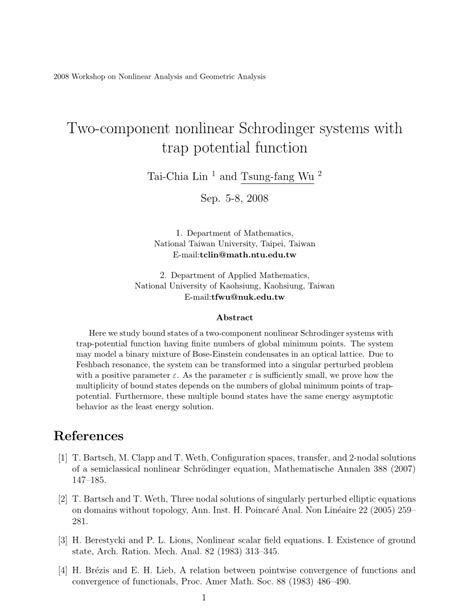Pdf Two Component Nonlinear Schrodinger Systems With Trap Potential Function