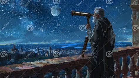 Galileo Galilei Observing The Night Sky With His Telescope In 1609 Stock Illustration