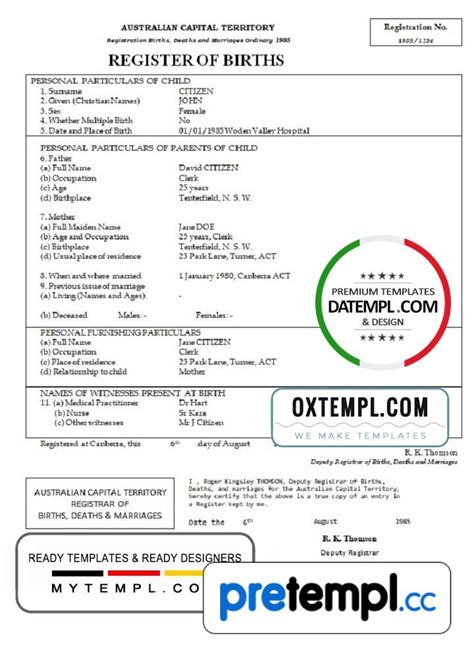 Australian South Australian Birth Certificate Example In Word Format Version Pretempl