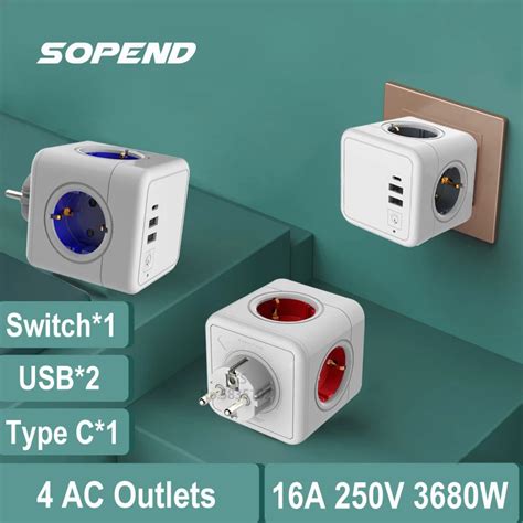 Sopend 유럽 스마트 전원 스트립 플러그 어댑터 서지 보호 큐브 멀티 프리즈 확장 벽 소켓 Usb C 포트 스위치