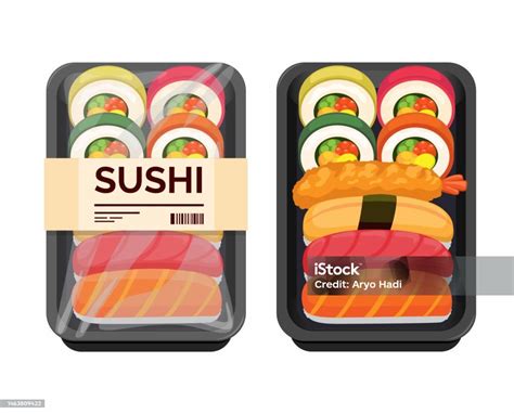 스시 도시락 일본 음식 세트 쌀 상자 포장 만화 일러스트 벡터 Tamagoyaki에 대한 스톡 벡터 아트 및 기타 이미지