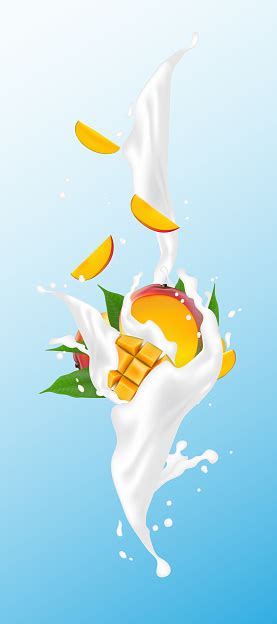 망고 우유 스플래시 고 아이스크림입니다 웹 디자인 및 포장에 대 한 좋은입니다 바닐라 아이스 튀는와 신선한 망고입니다 현실적인 3d 망고에 대한 스톡 벡터 아트 및 기타