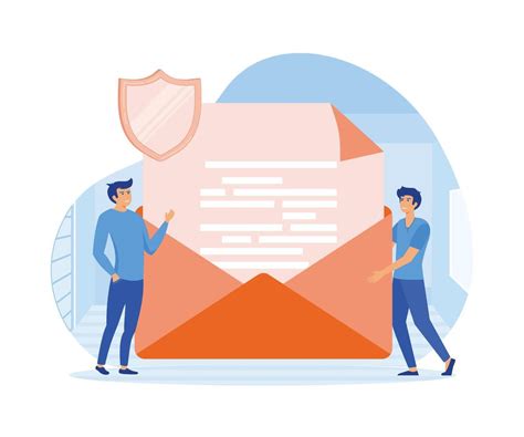 Secure Encrypted Messages Emails Two People Stand Near Big Envelope Letter With Shield Flat