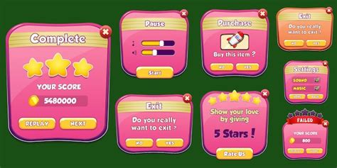 캐주얼 게임 Ui 키트 메뉴 팝업 화면 및 게임 요소 프리미엄 벡터