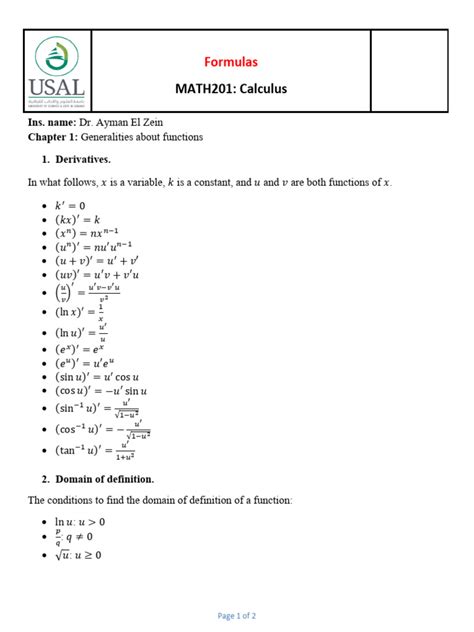 Derivative Formulas Pdf