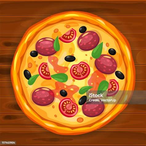 토마토 치즈 올리브 소시지 바질 등 다양한 재료로 된 신선한 피자 전통적인 이탈리아 패스트 푸드 나무 보드에 최고보기 식사 유럽 전통 간식 격리된 흰색 배경 벡터 그림입니다