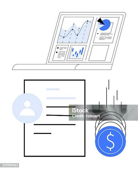 재무 차트 개인 프로필 시트 및 수입을 상징하는 떨어지는 동전을 표시하는 노트북 금융에 대한 스톡 벡터 아트 및 기타 이미지 금융 일러스트레이션 임금 Istock