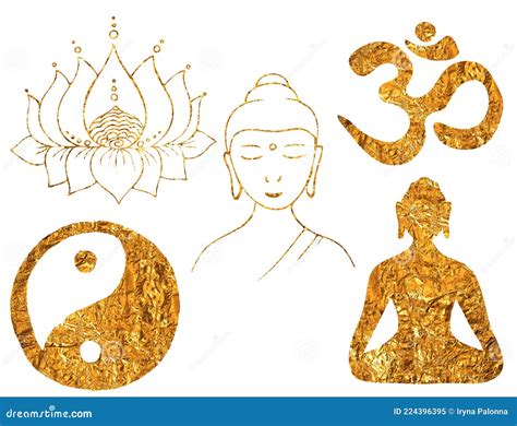 Golden Buddhist Symbols Meditating Buddha Lotus Yin Yang Symbol Om