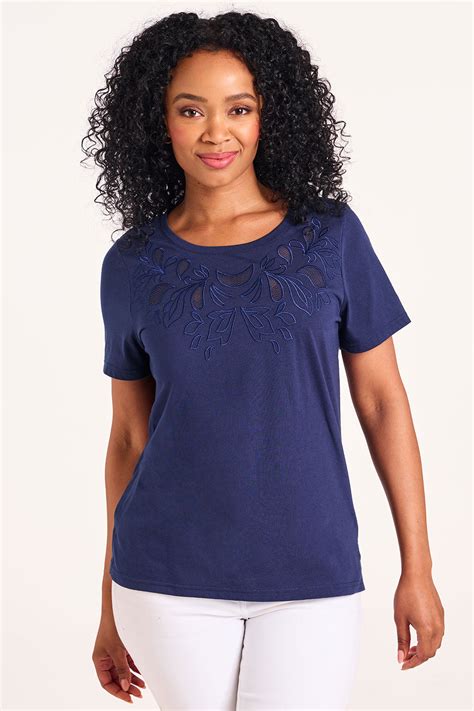 Cut Out Embroidered Neckline T Shirt Bonmarché