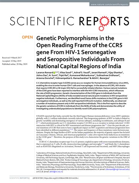 Pdf Genetic Polymorphisms In The Open Reading Frame Of The Ccr5 Gene From Hiv 1 Seronegative