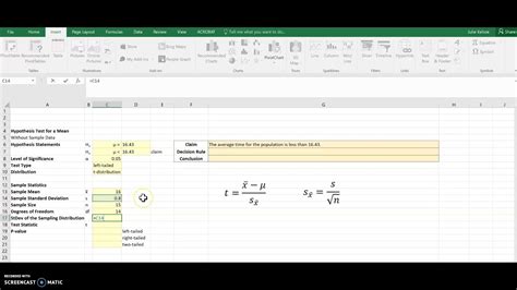 Hypothesis Test For A Mean In Excel Youtube