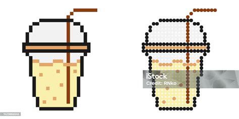 픽셀 아이콘입니다 짚과 뚜껑이있는 스무디 유리 더운 여름에 상쾌한 과일 음료 흰색 배경에 고립 된 간단한 복고풍 게임 벡터 Day 8에 대한 스톡 벡터 아트 및 기타 이미지