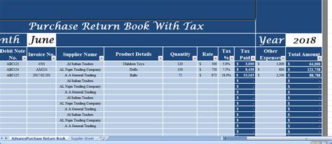 Purchase Return Book With Tax Excel Template For Free