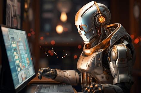 premium photo robot stands by computer graph displayed illustrating